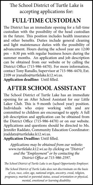 Full Time Custodian After School Assistant School District Of Turtle Lake Turtle Lake WI full-time-custodian-after-school-assistant-school-district-of-turtle-lake-turtle-lake-wi