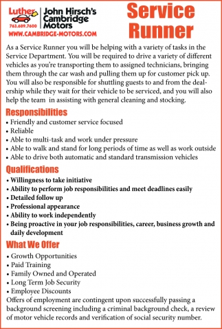 Service Runner, John Hirsch's Cambridge Motors, Cambridge, MN