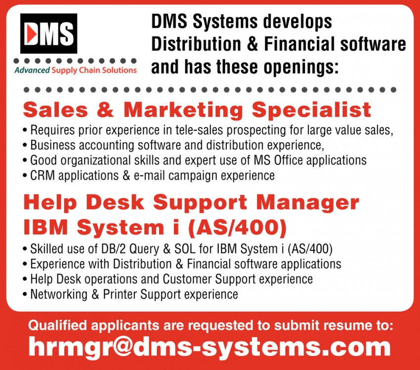 Sales & Marketing Specialist - Help Desk Support Manager, DMS Systems