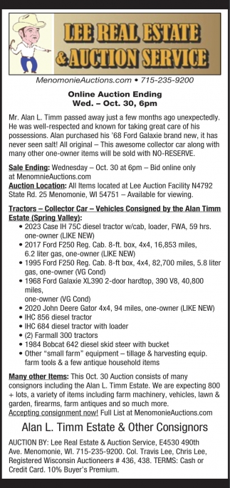 Online Auction, Lee Real Estate & Auction Service, Menomonie, WI