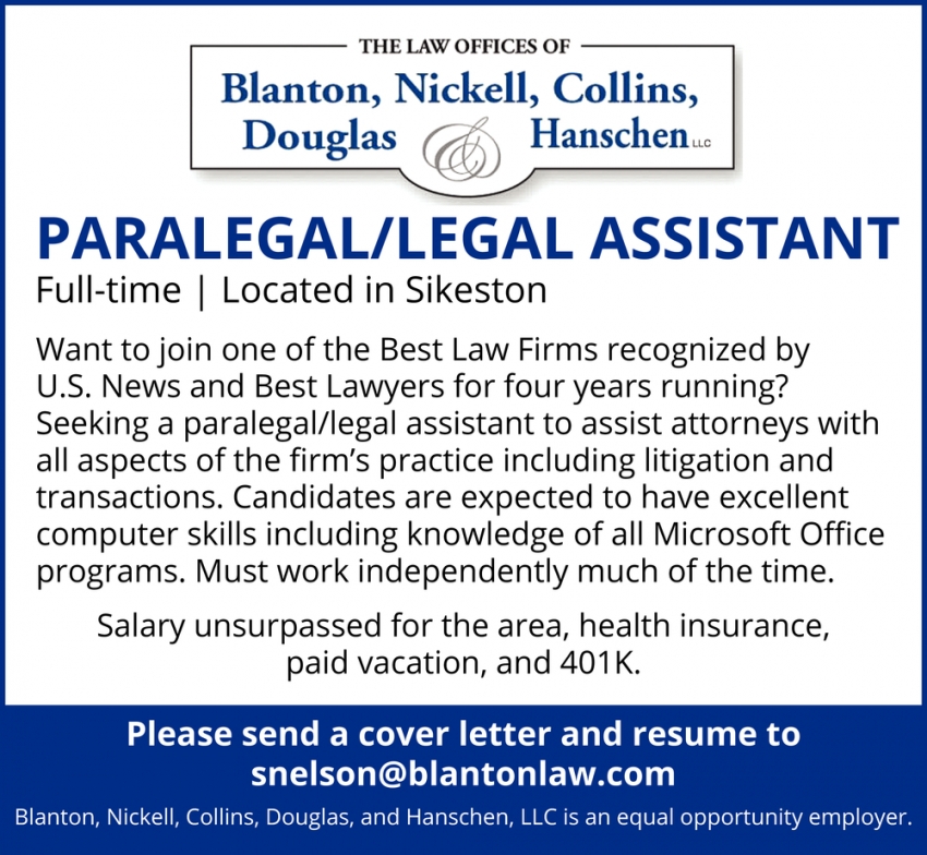 Paralegal/Legal Assistant, Blanton, Nickell, Collins, Douglas & Hanschen