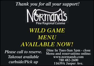 Wild Game Menu Available Now!, Normand's Restaurant, Edmonton, AB