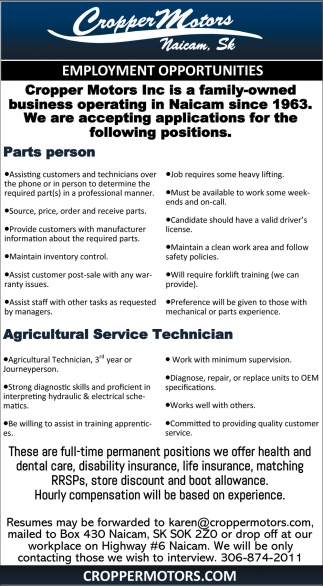 Employment Opportunities, Cropper Motors , Naicam, SK